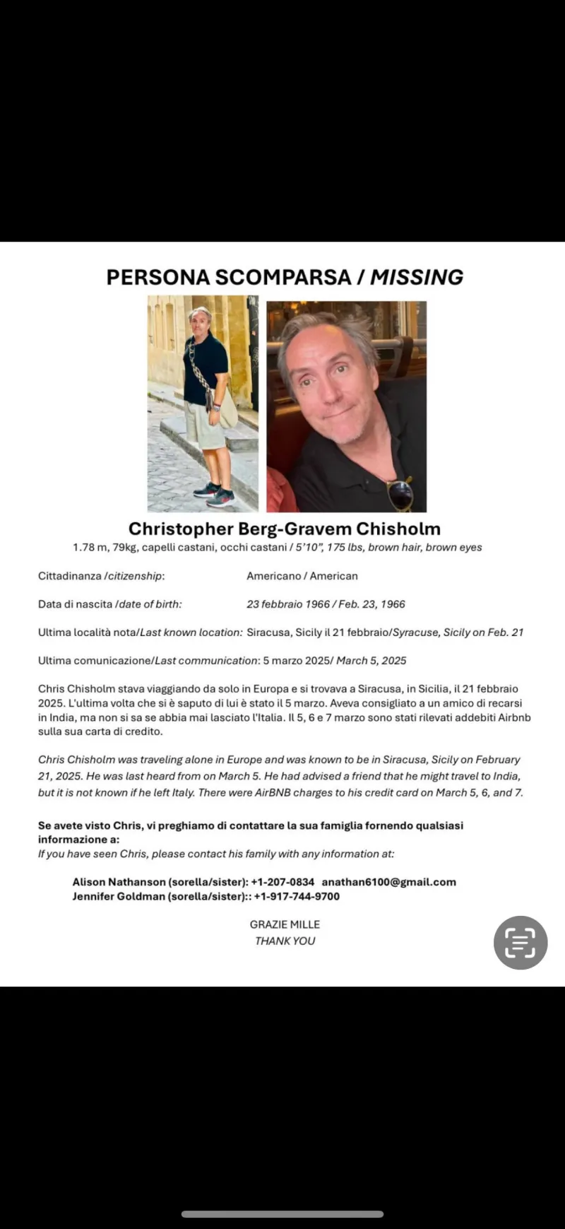 Christopher Berg-Gravem Chisholm scomparso da Siracusa, i parenti ...
