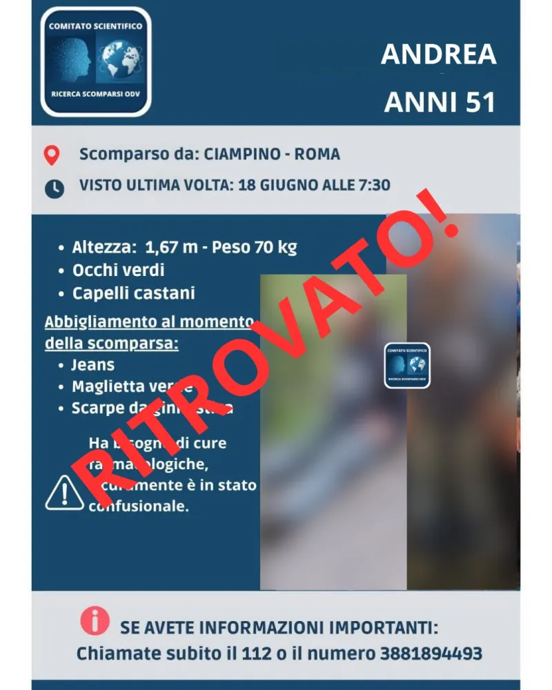 Andrea Toppi, il 51enne scomparso da Ciampino il 18 giugno, il Comitato: "È stato ritrovato"