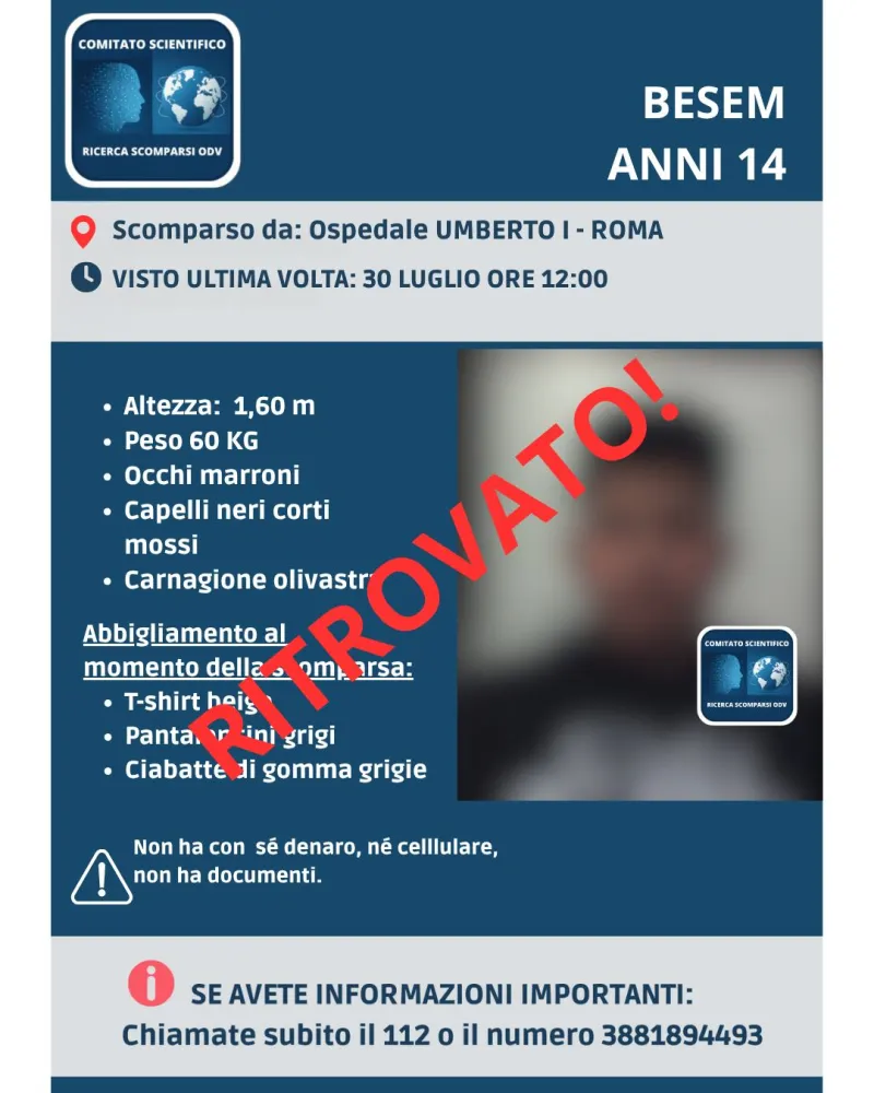 Besem , il 14enne scomparso a Roma il 30 luglio 2025, il Comitato: "È ...