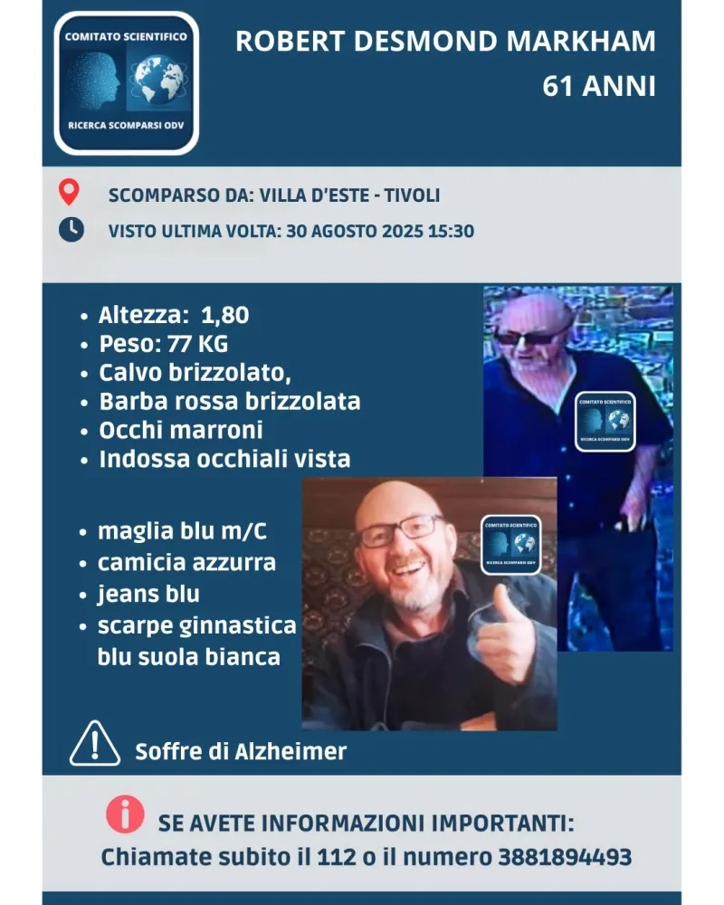 Robert Desmond Markham scomparso da Tivoli, il Comitato: "Potrebbe aver ...
