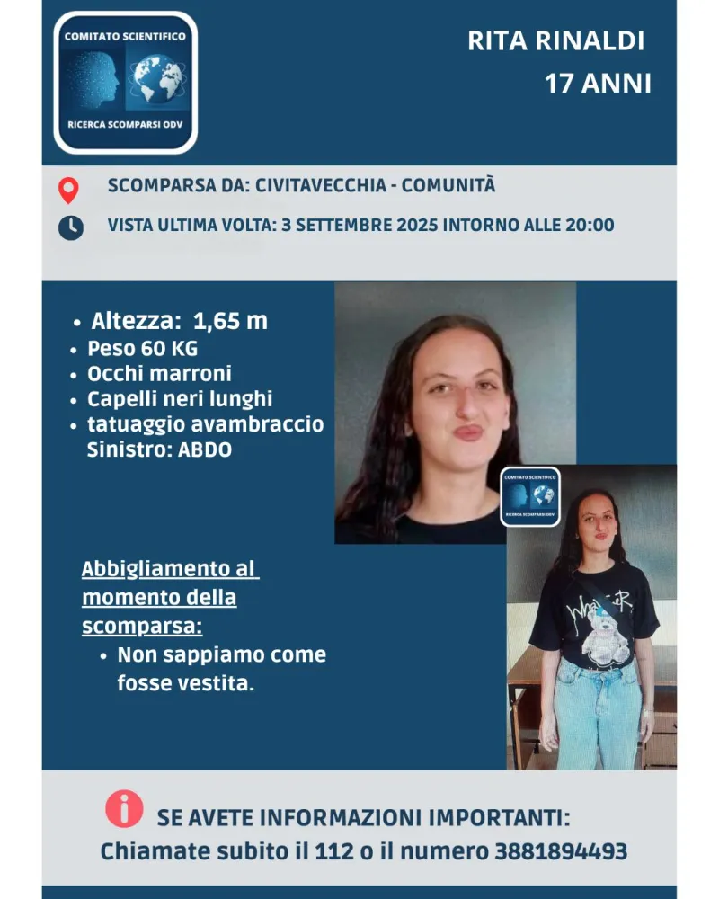 Rita Rinaldi, la 17enne scomparsa da Civitavecchia, il Comitato: "Probabilmente diretta verso ...