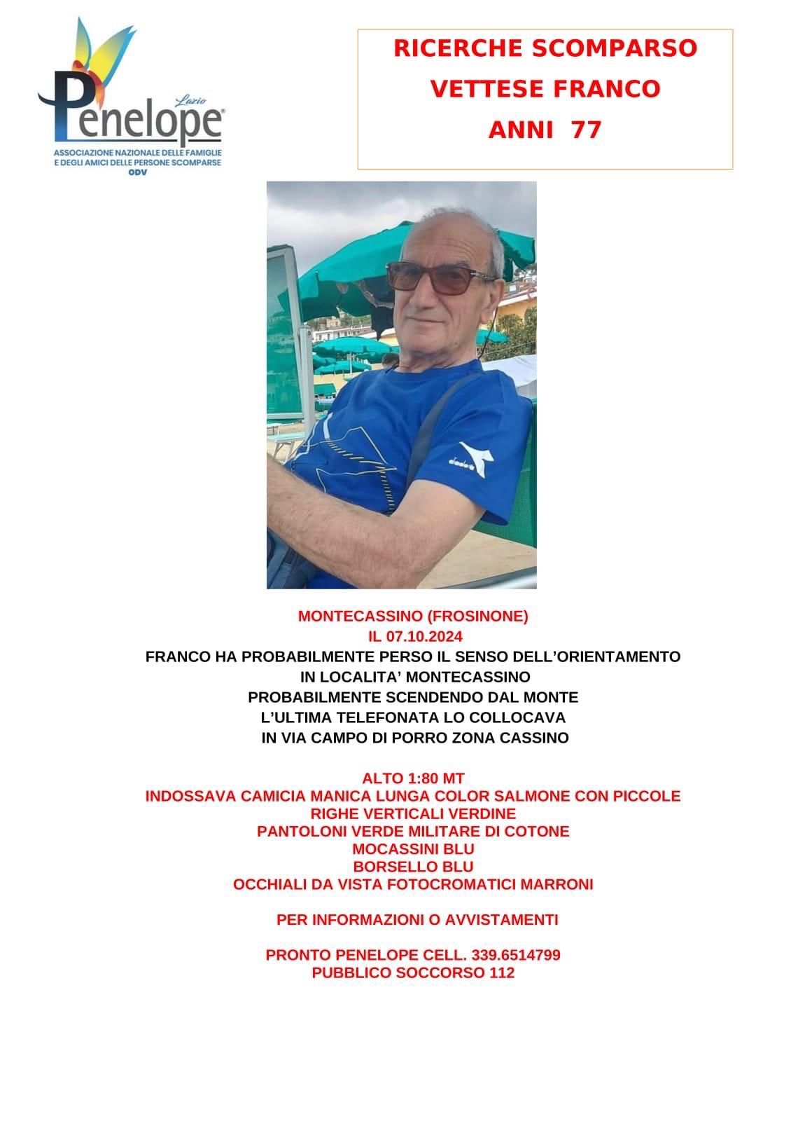 Chi è Franco Vettese, il 77enne scomparso il 7 ottobre da Cassino. La ...